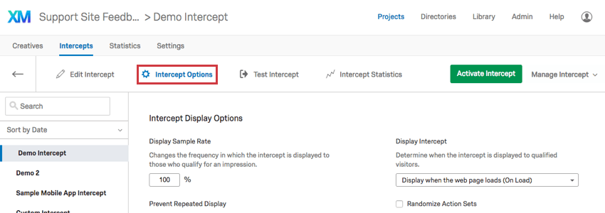 Intercept Options Section - Qualtrics Support