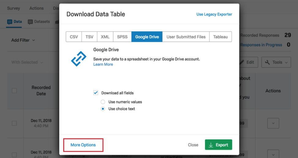 Exporting Response Data to Google Drive