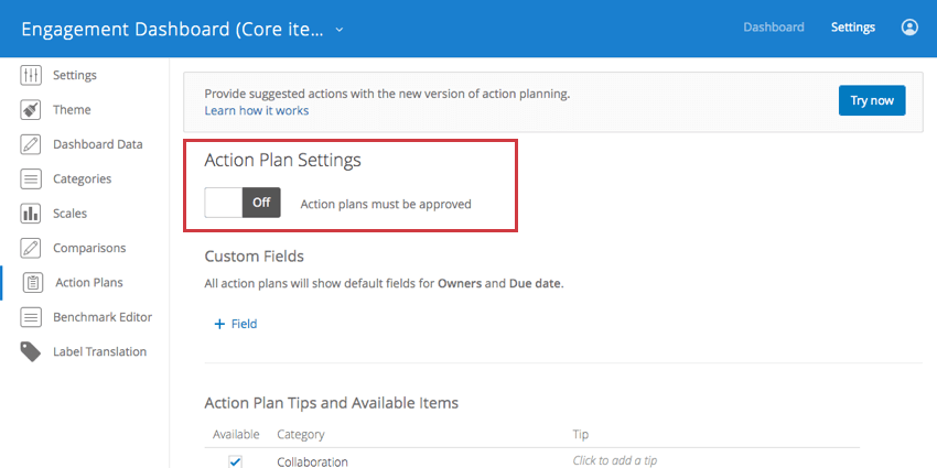 Action Plans Dashboard Settings (EX)