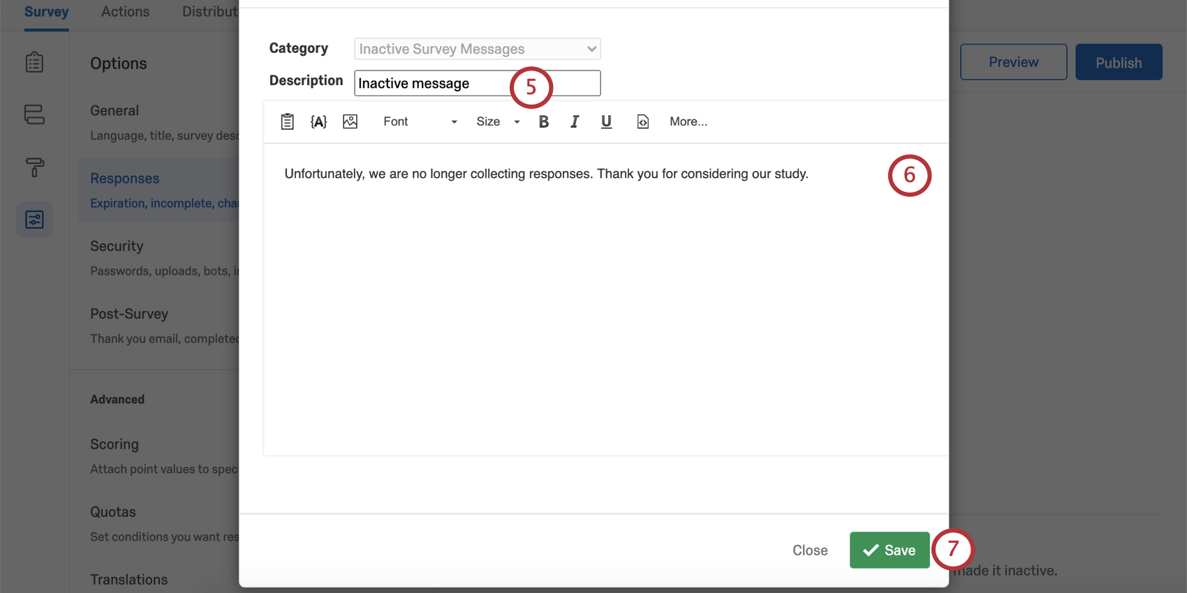 Responses Section of Survey Options - Qualtrics