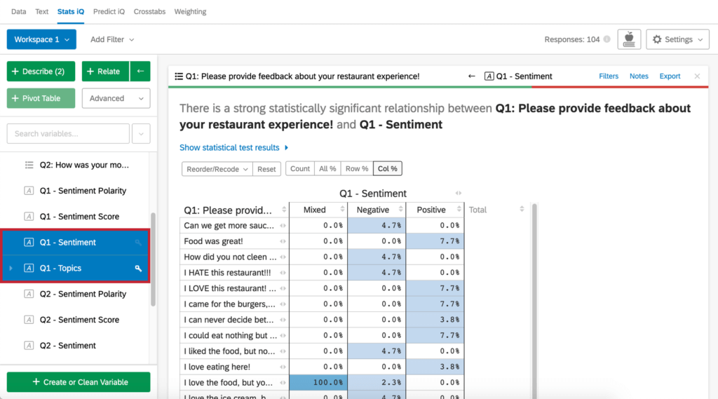 Analyzing Text iQ in Stats iQ