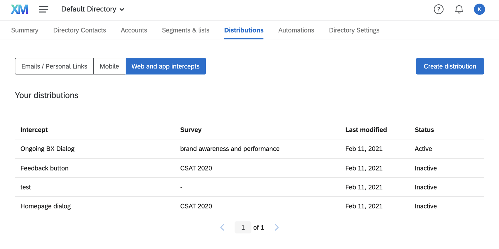 Web and App Feedback Distributions in XM Directory