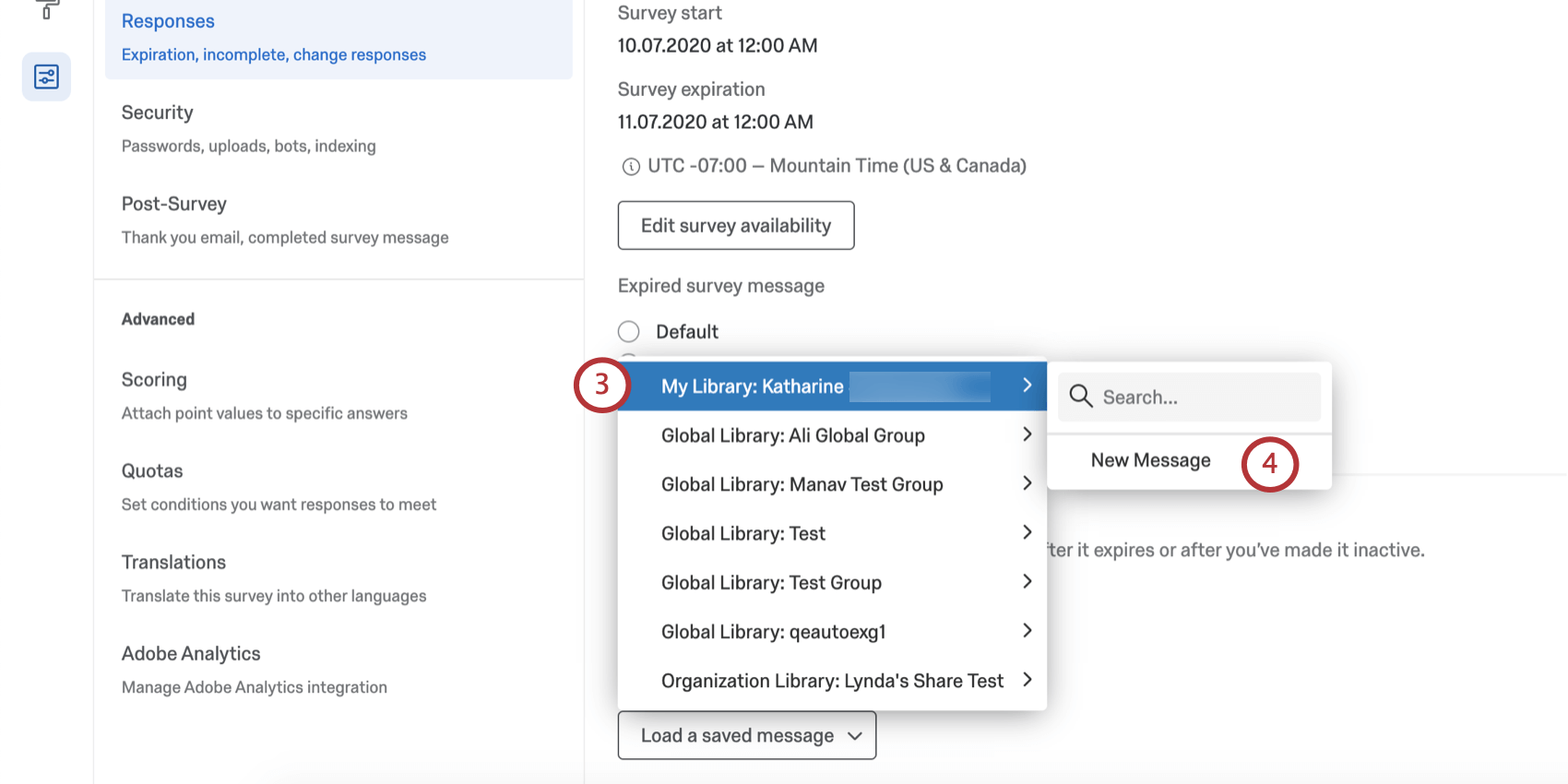 Responses Section of Survey Options - Qualtrics