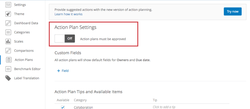 Action Plans Dashboard Settings (EX)